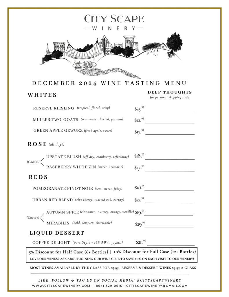 Monthly Menus - City Scape Winery