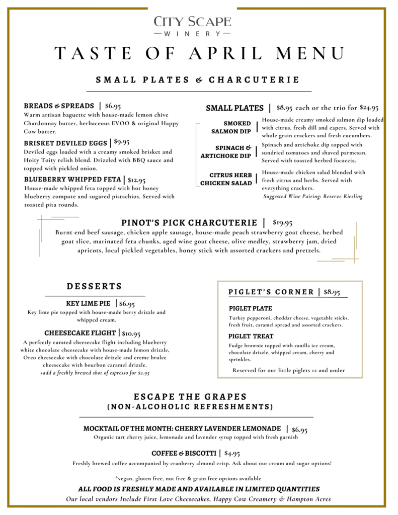 Monthly Menus - City Scape Winery