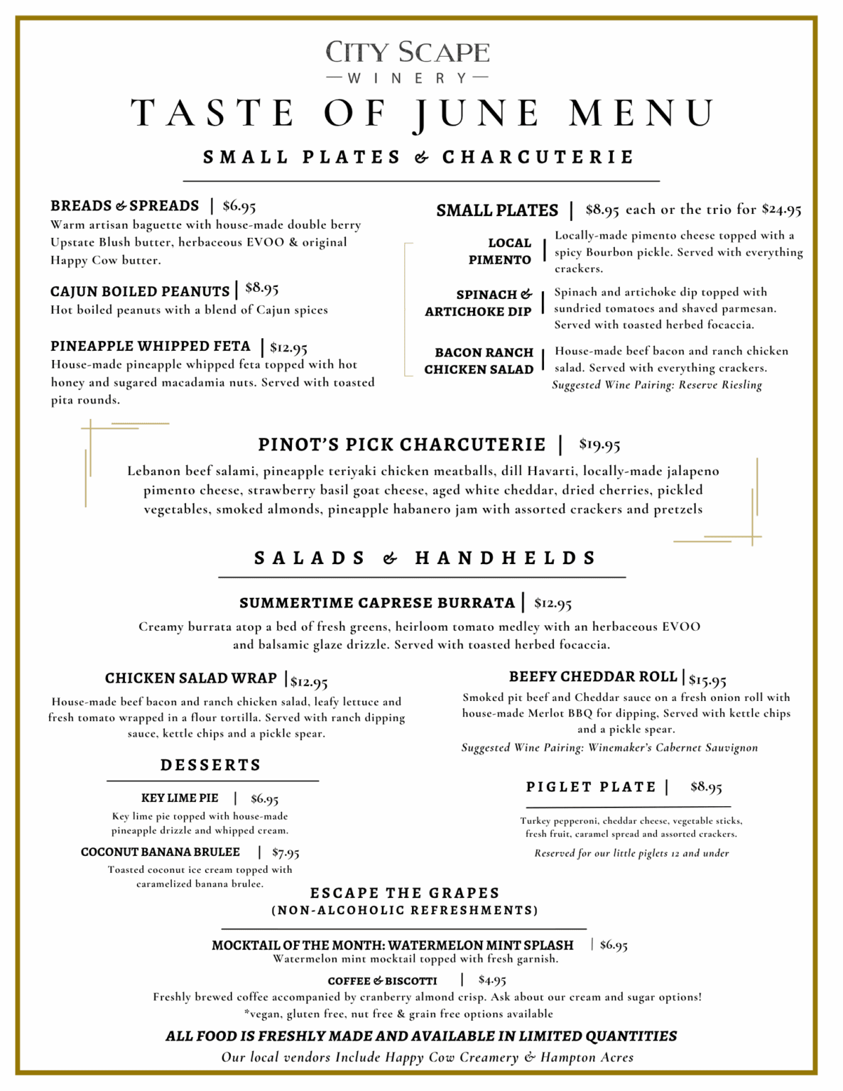 Explore Our Winery Monthly Food Menus | City Scape Winery