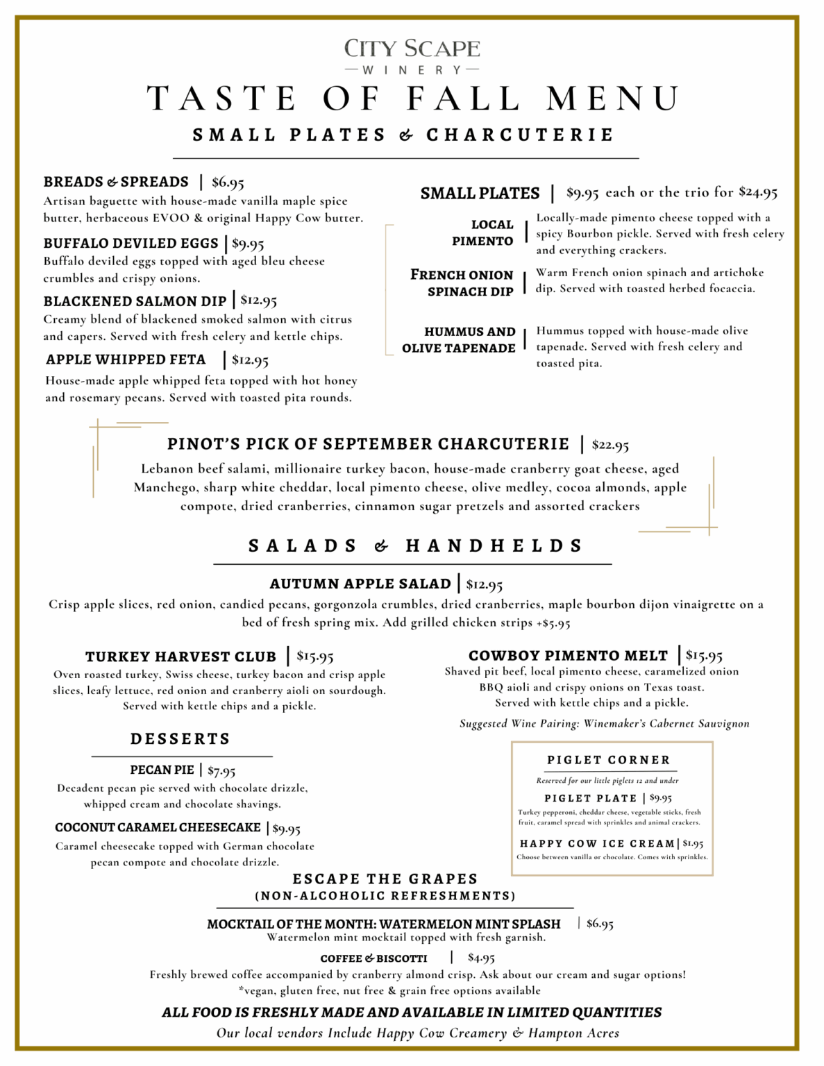 Explore Our Winery Monthly Food Menus | City Scape Winery