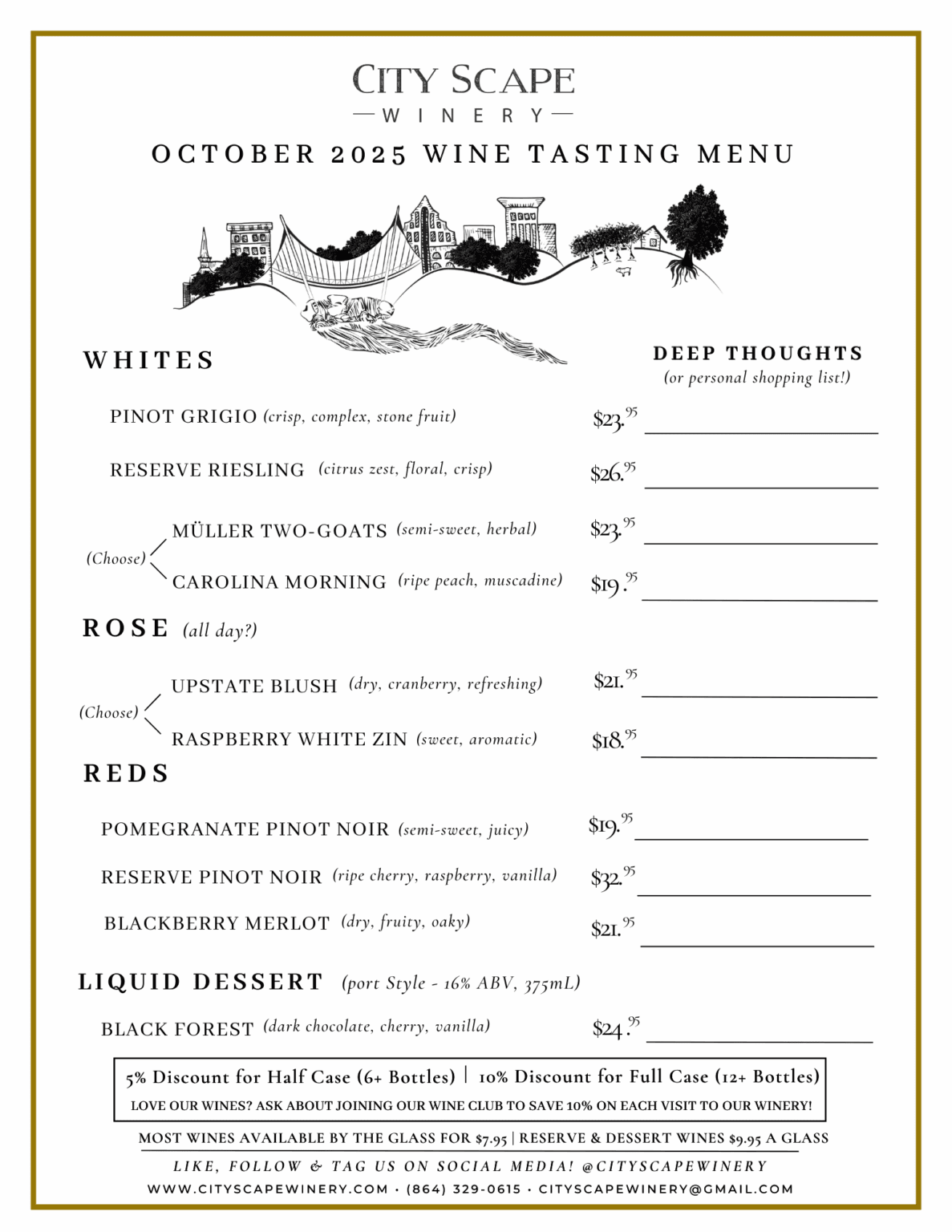 Explore Our Winery Monthly Food Menus | City Scape Winery