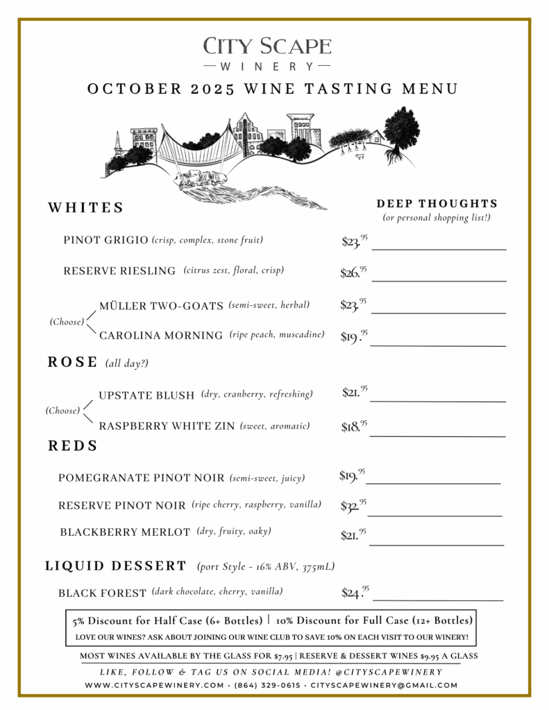 Explore Our Winery Monthly Food Menus | City Scape Winery